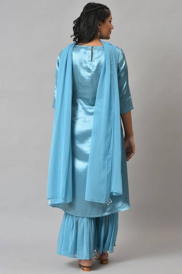 Buy Blue Embellished Mashroo Silk kurta With Garara And Dupatta in ...