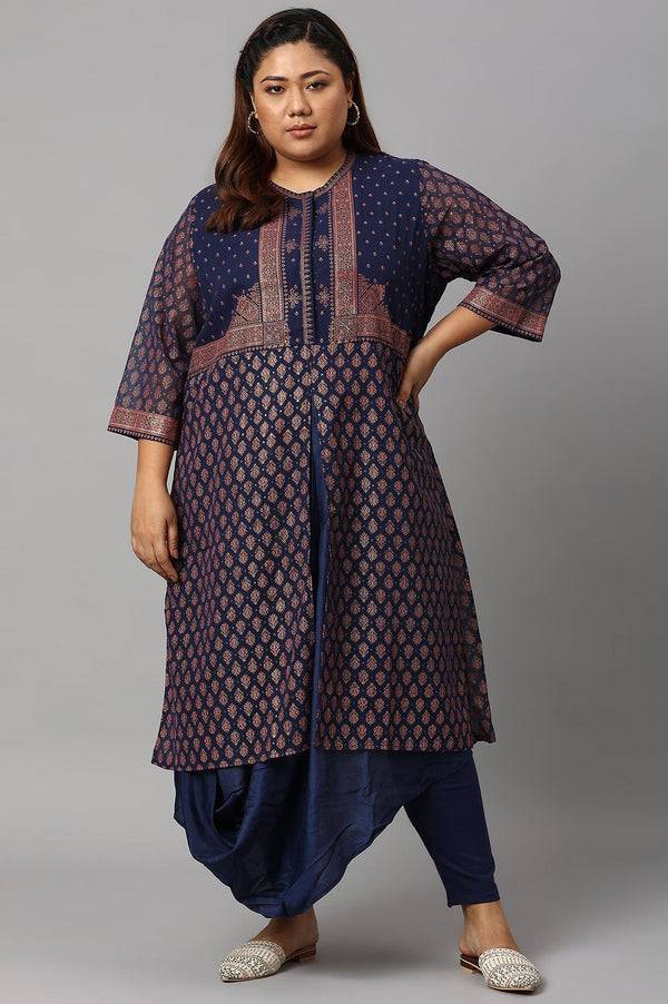 Buy Plus Size Blue Printed A-Line Cowl kurta With Tights in Women's ...