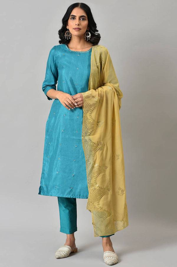 Buy Teal Sequin Highlighted kurta With Pants And Golden Dupatta in ...