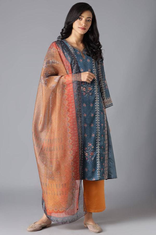 Buy Teal Mock Layer kurta, Orange Parallel Pants And Dupatta Set in ...