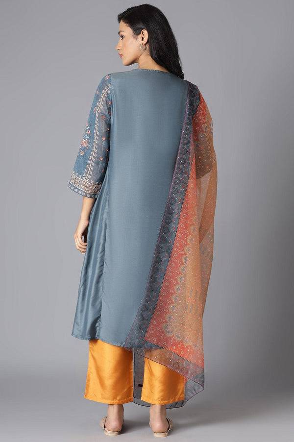 Buy Teal Mock Layer kurta, Orange Parallel Pants And Dupatta Set in ...