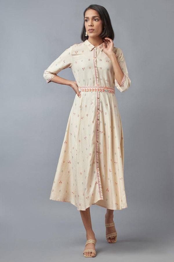 Buy Ecru Cotton Shirt-Collar Midi Dress in Women's Clothing | Best ...