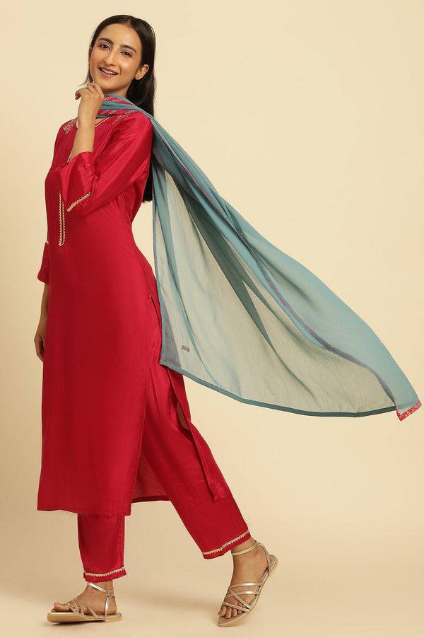 Buy Pink Shantung Kurta, Pants And Dupatta Set in Women's Clothing ...