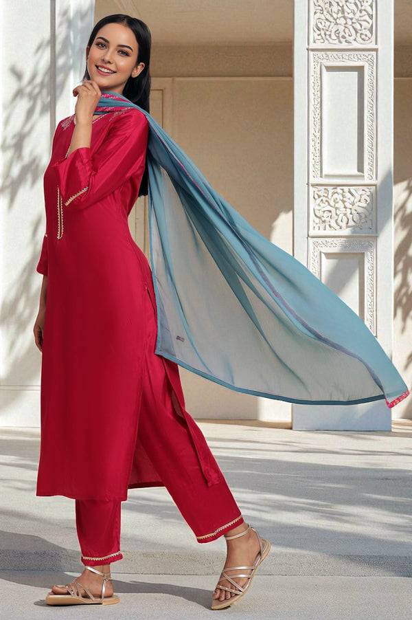 Buy Pink Shantung Kurta, Pants And Dupatta Set in Women's Clothing ...