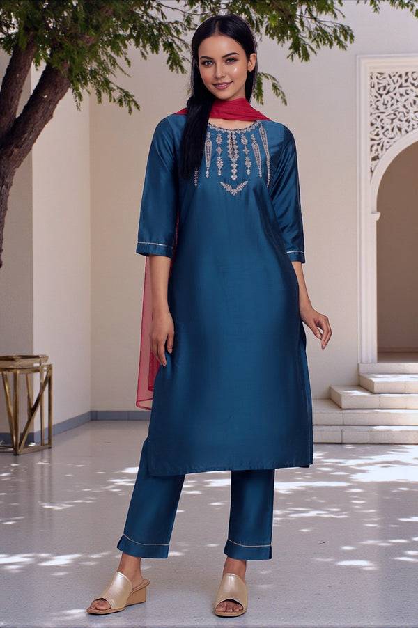 Buy Blue Embroidered Shantung Kurta, Pants And Dupatta Set in Women's ...