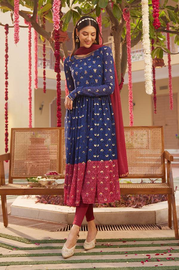 Buy Blue Embroidered Kurta, Tights and Dupatta Festive Set in Women's ...