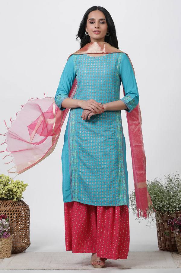 Buy Blue Dobby Kurta, Sharara And Dupatta Set in Women's Clothing ...