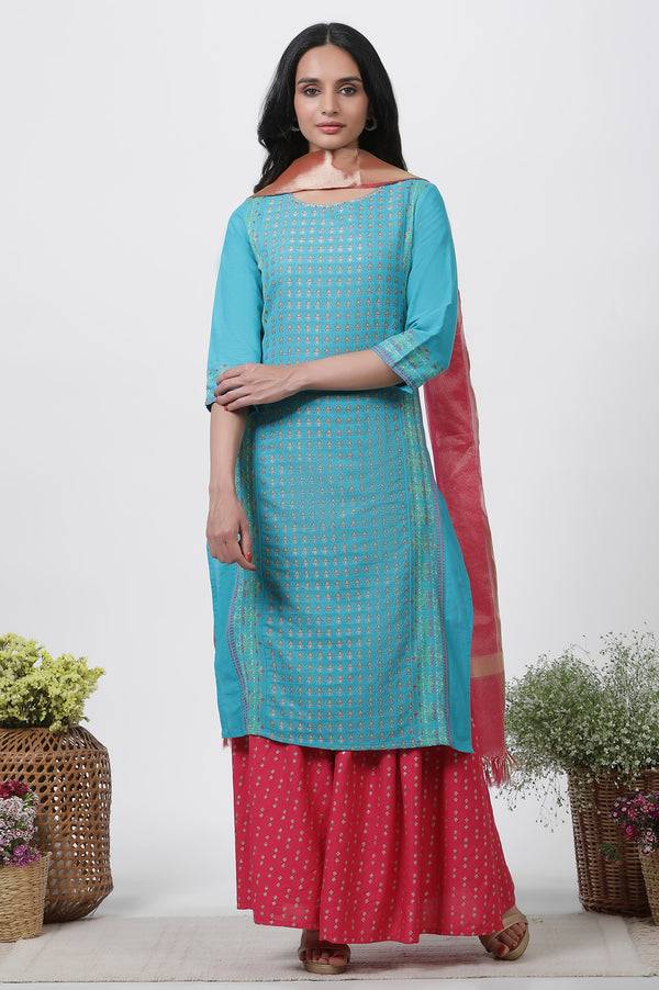 Buy Blue Dobby Kurta, Sharara And Dupatta Set in Women's Clothing ...