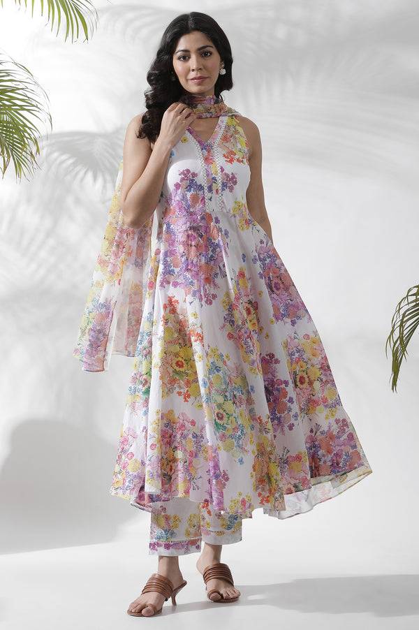 Buy White Floral Printed Cotton A-line Kurta, Pants and Dupatta Set in ...