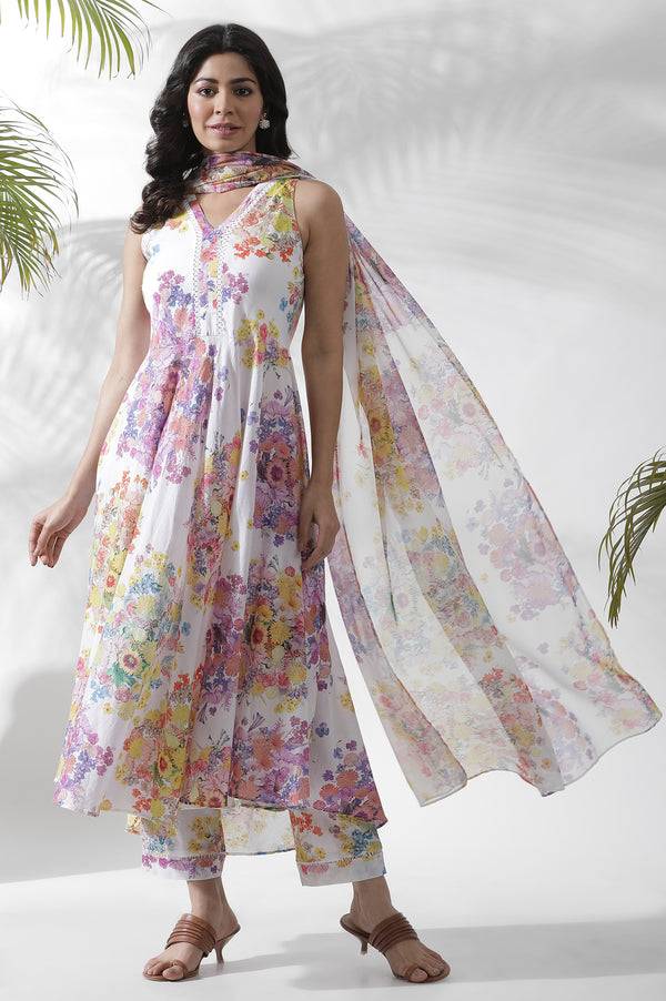 Buy White Floral Printed Cotton A-line Kurta, Pants and Dupatta Set in ...