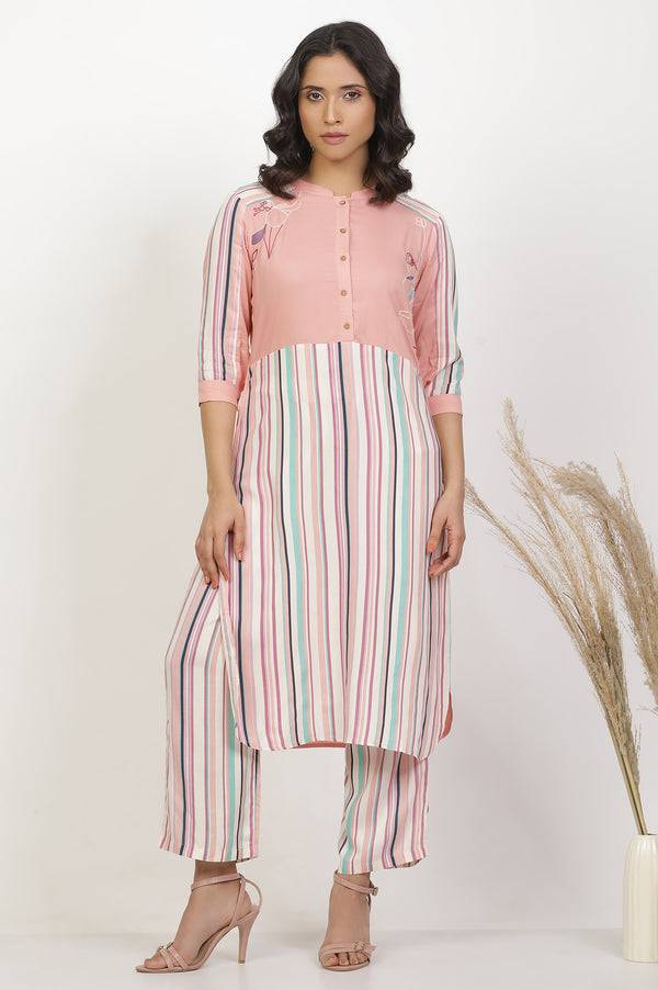 Buy Peach Multi-Coloured Kurta And Parallel Pants Set in Women's ...