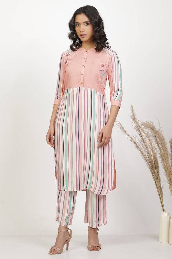 Buy Peach Multi-Coloured Kurta And Parallel Pants Set in Women's ...