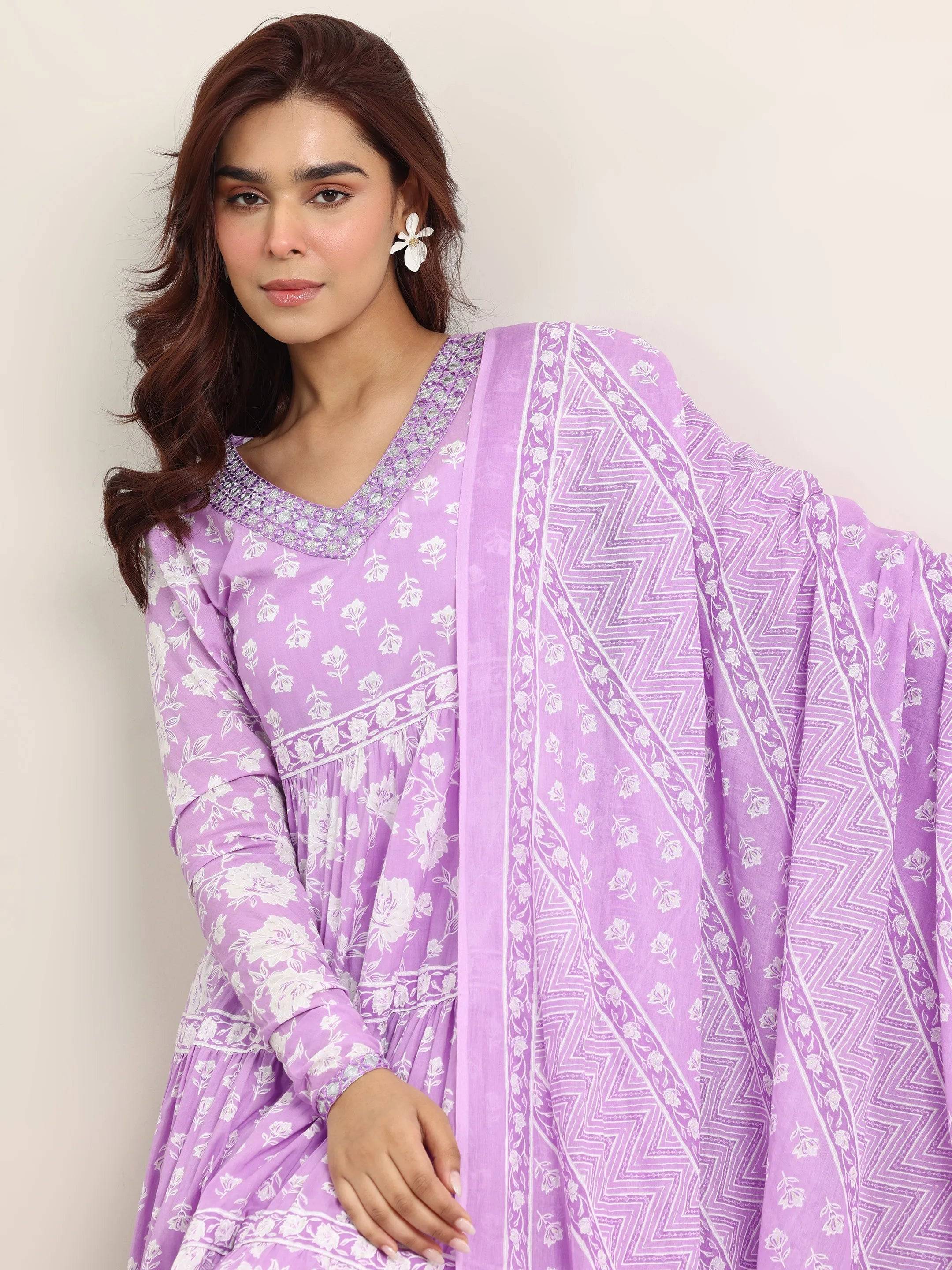 Buy Lavender Printed Cotton Anarkali Suit W... Buy only at ₹6399 in ...