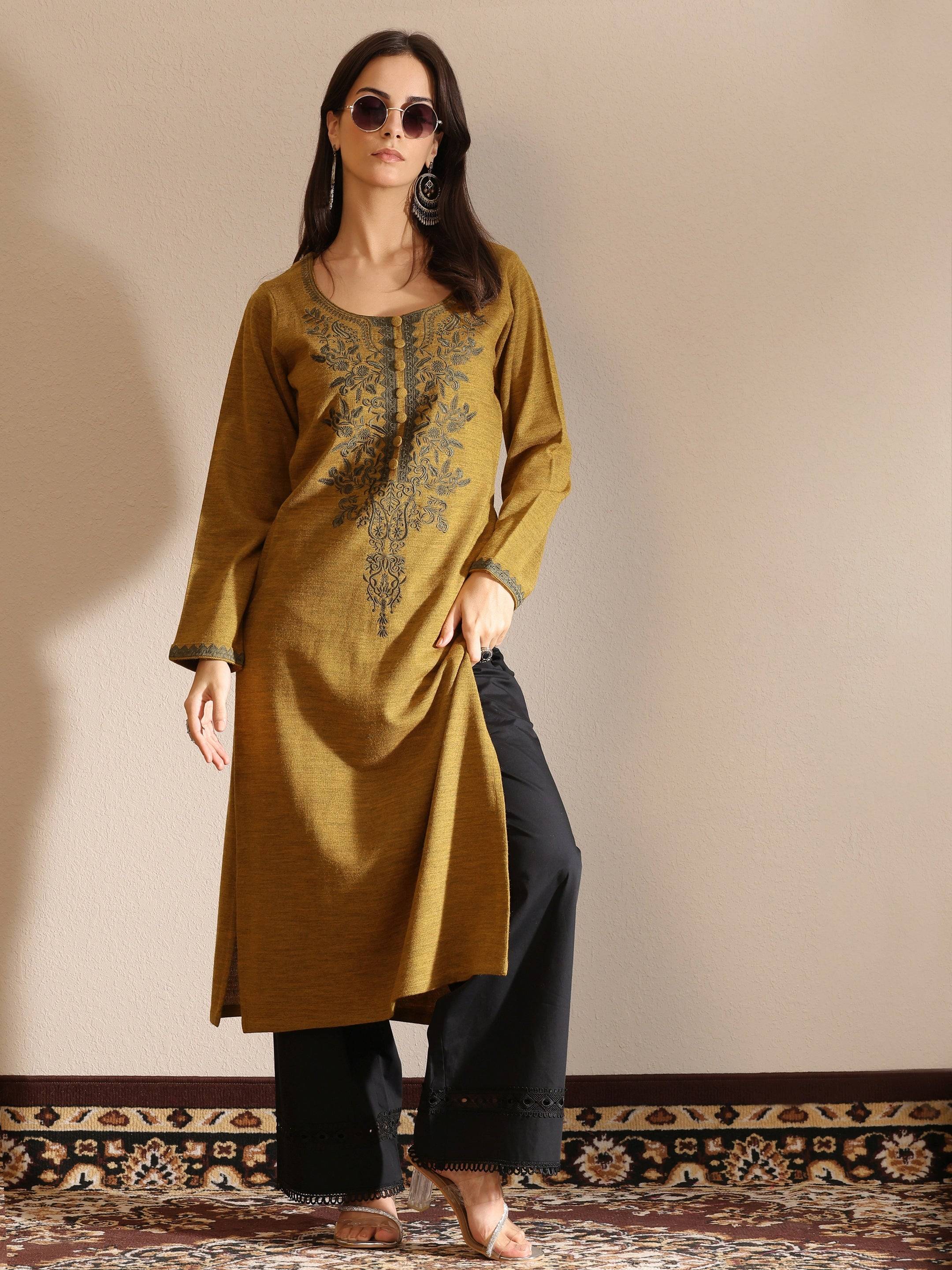 Buy Mustard Embroidered Wool Straight Kurta in Women's Clothing | Best ...