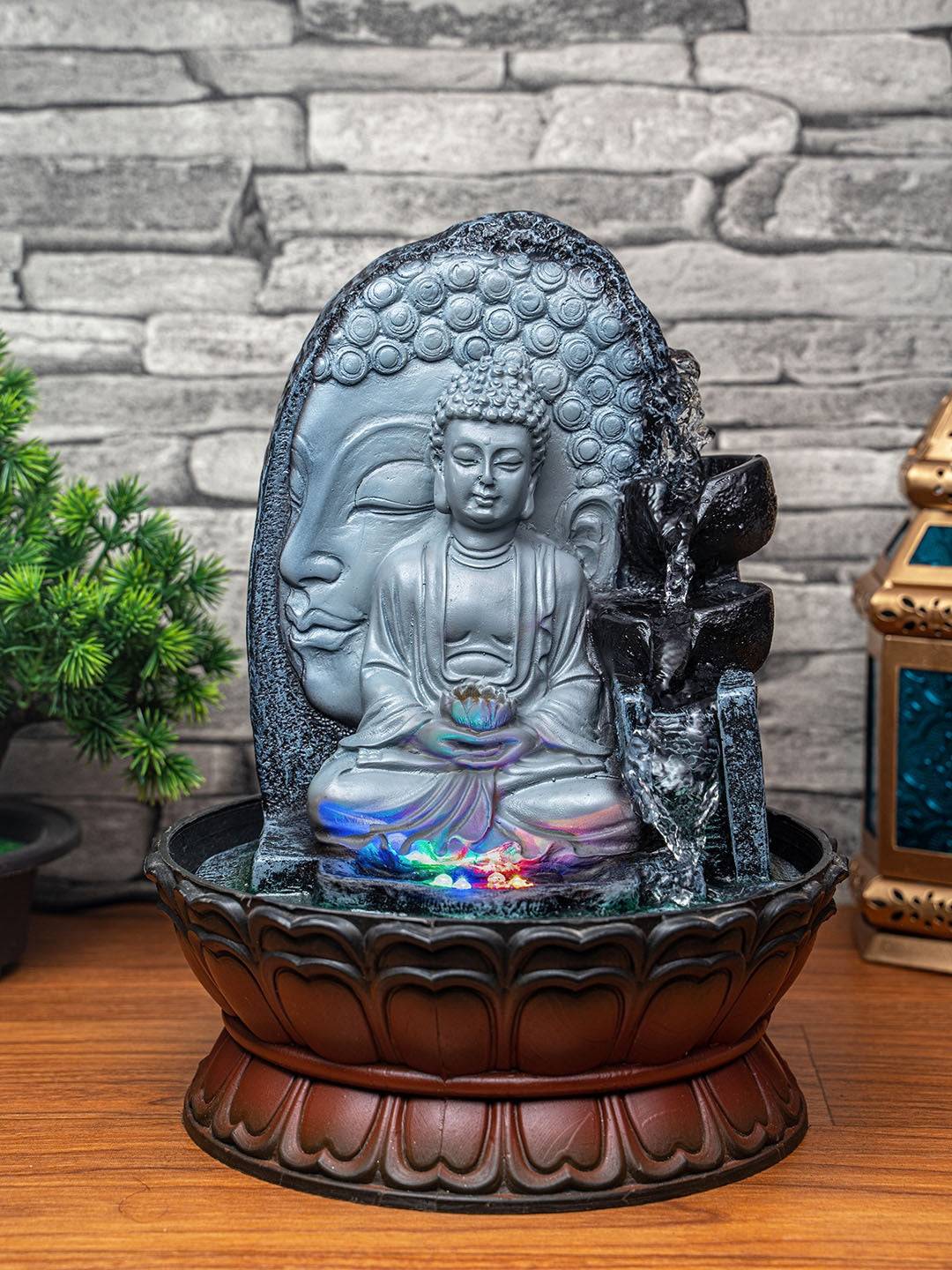 Buy Brown and Grey Buddha Idol With LED Light Fountain in Showcase ...