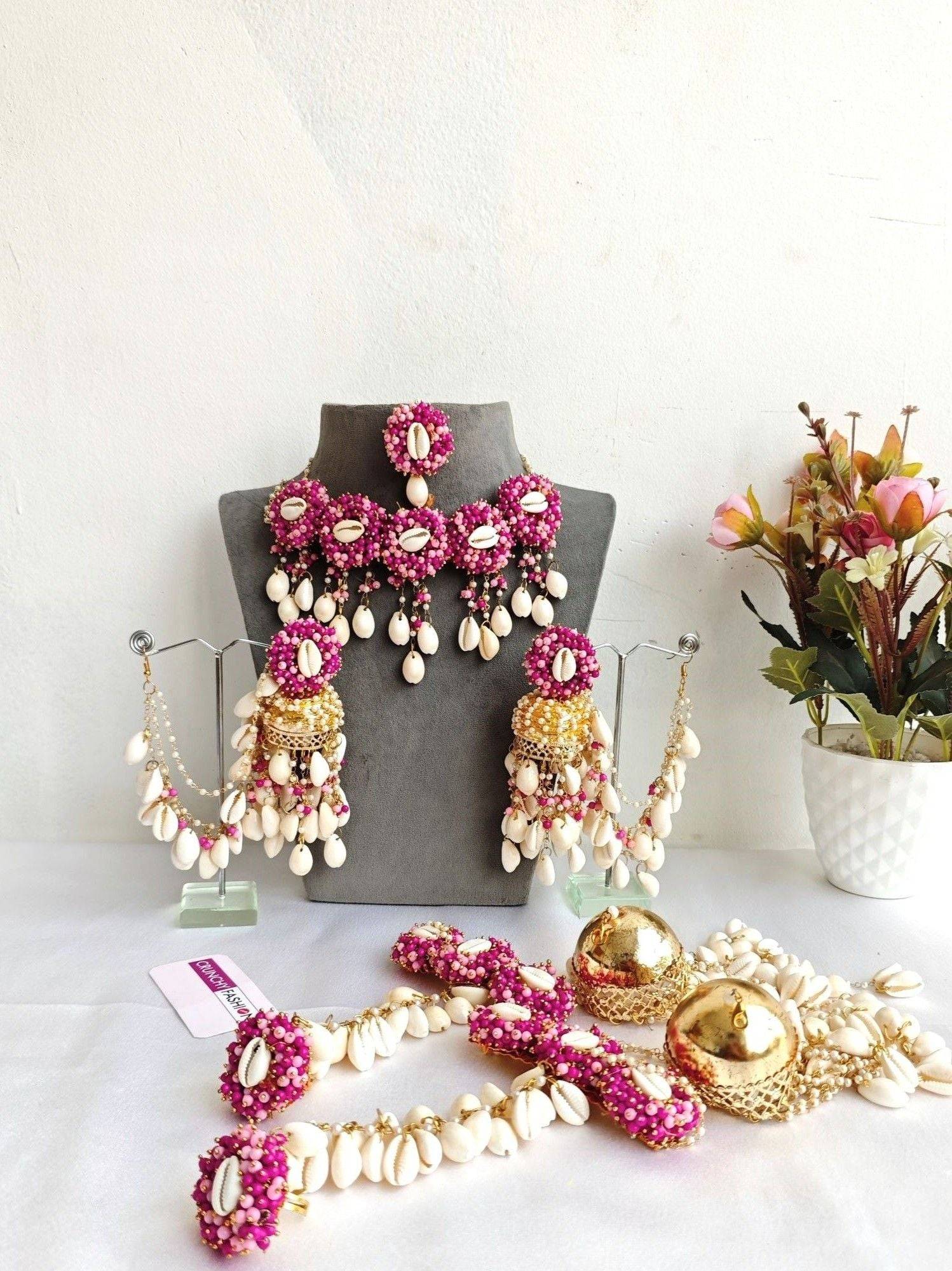 Buy Pink Pearl & Cowrie haldi Jewellery Set with Kaliras, Ear Chain in ...