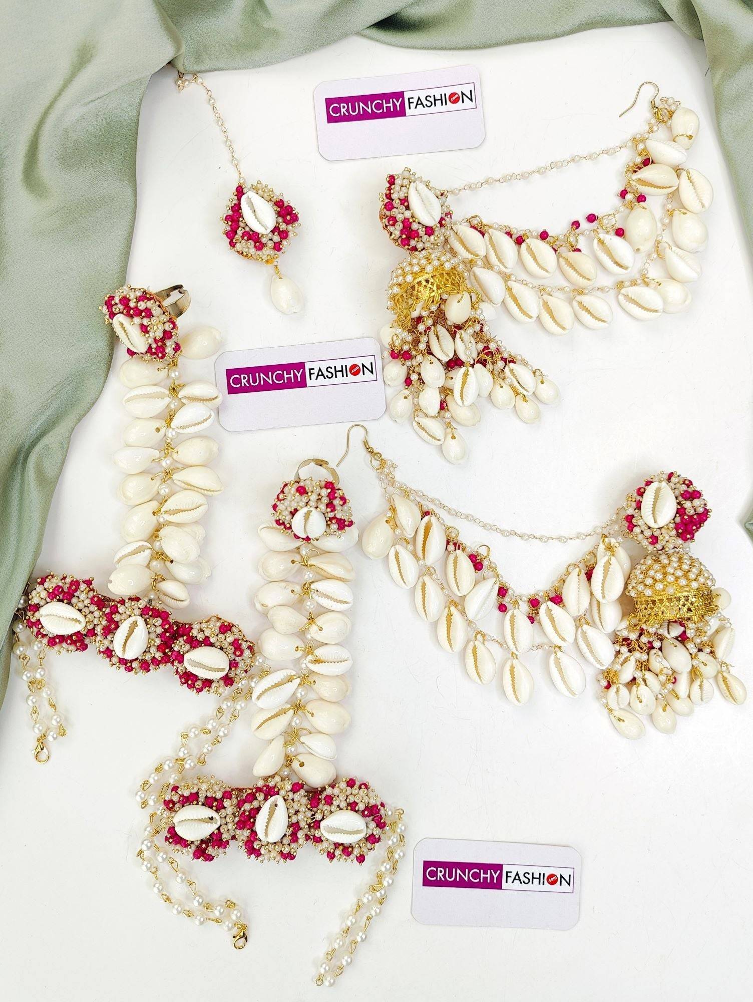 Buy Pink-White Pearl & Shell Haldi Mehndi Jewellery Set for Brides in ...