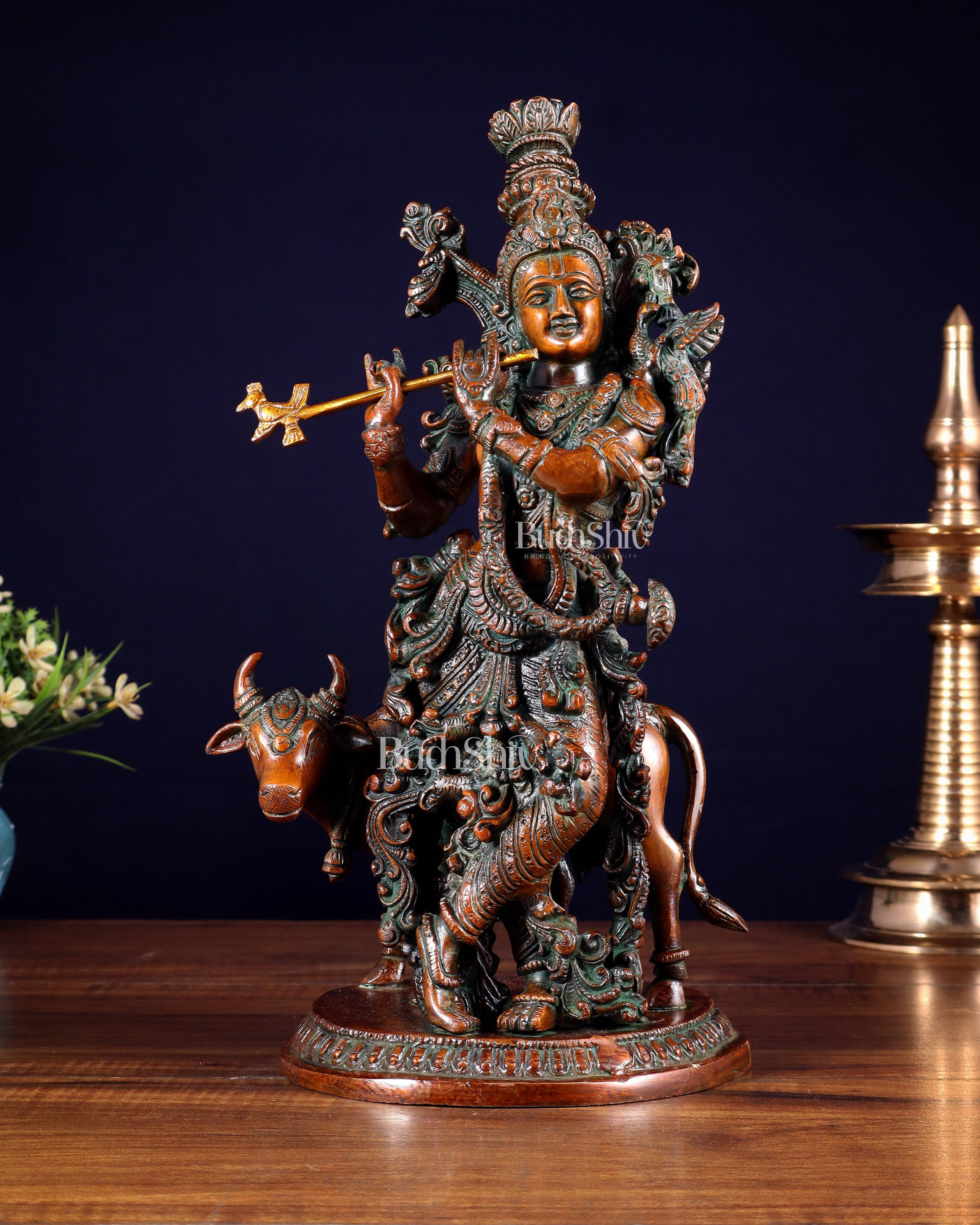 Buy Pure Brass Lord Krishna with Cow Statue – Double Chola Tone 13 inch ...