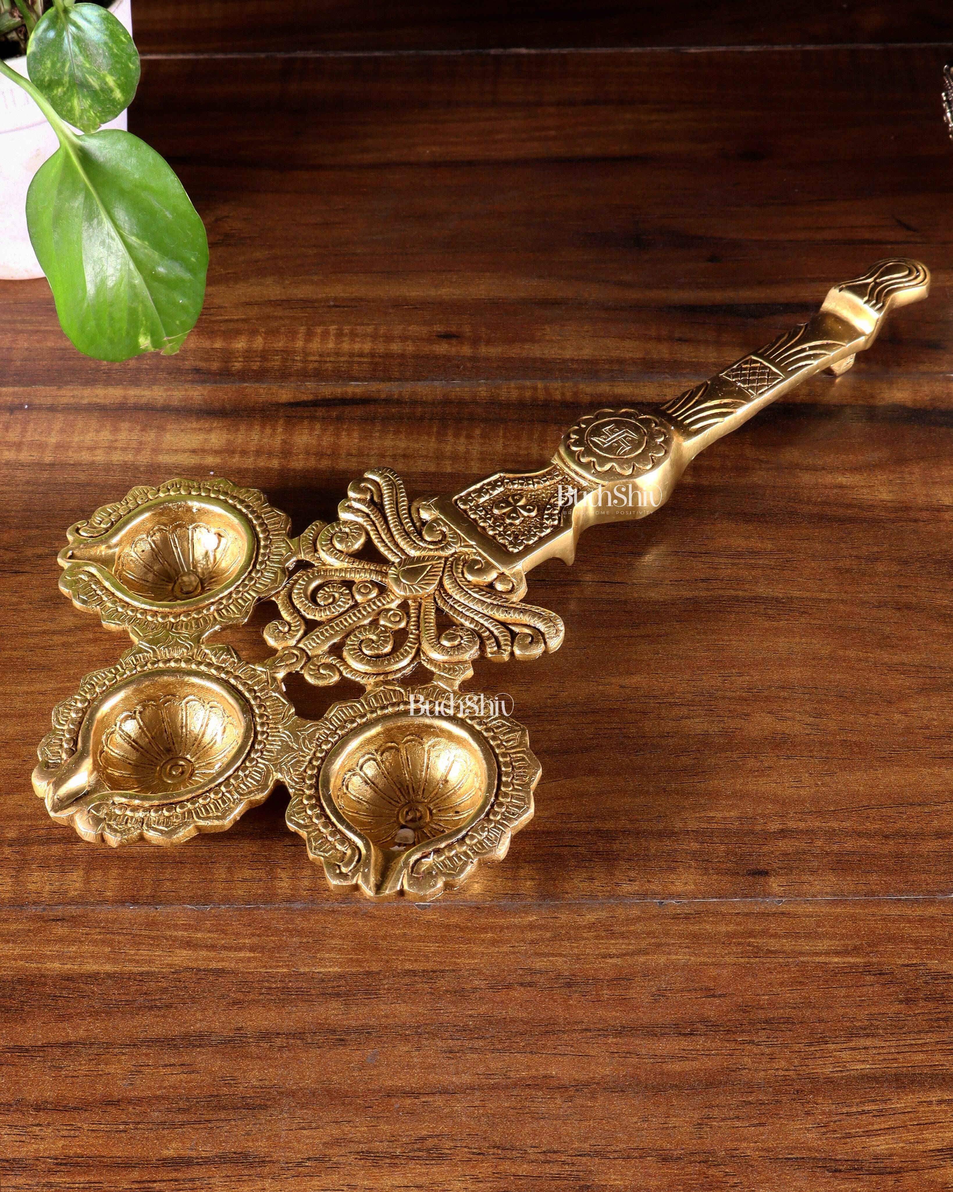 Buy Brass Superfine aarti Triple Diya with Handle in Showcase Piece ...