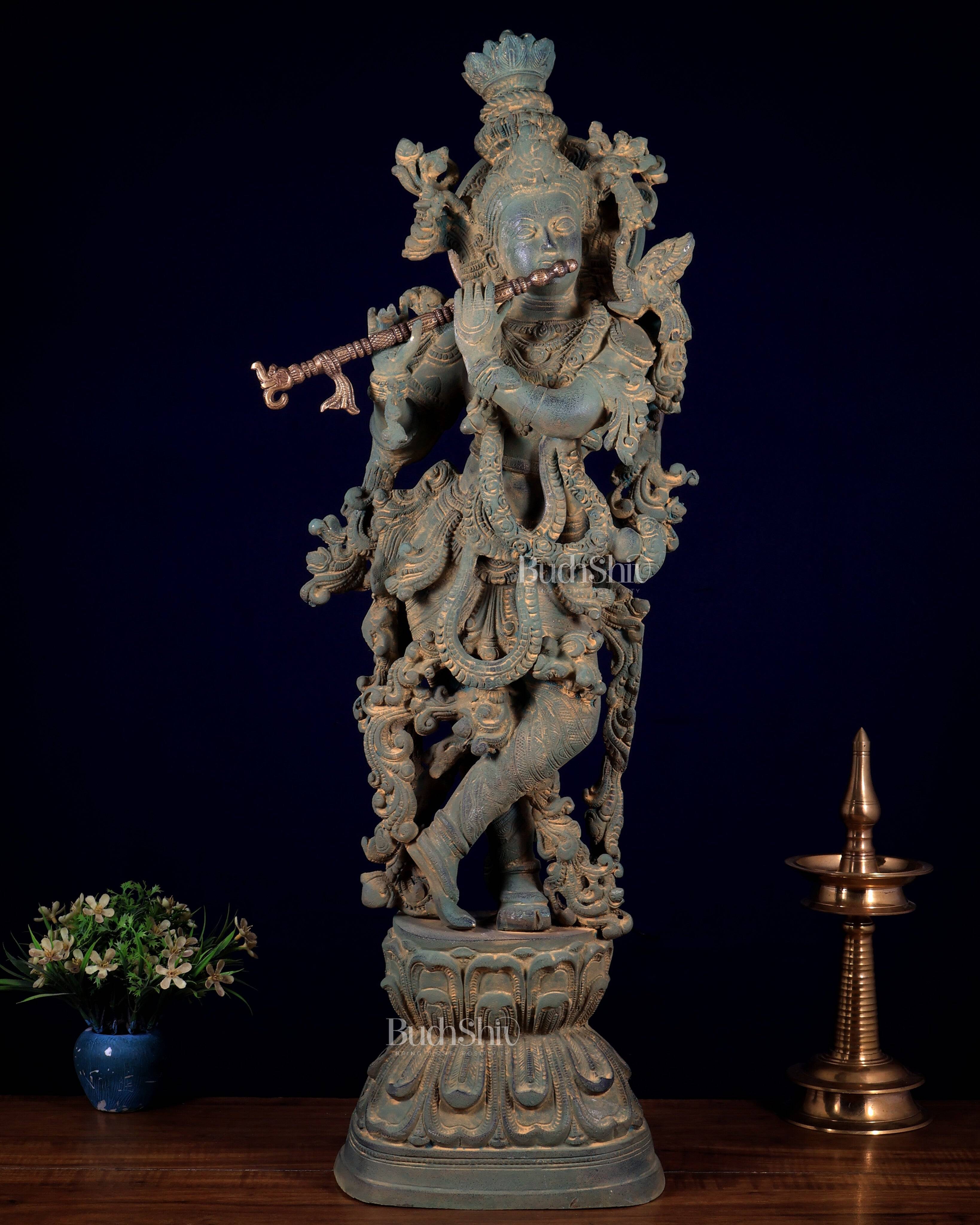 Buy Vintage Krishna Brass Statue – Green Sand Patina Finish 30 inch in ...