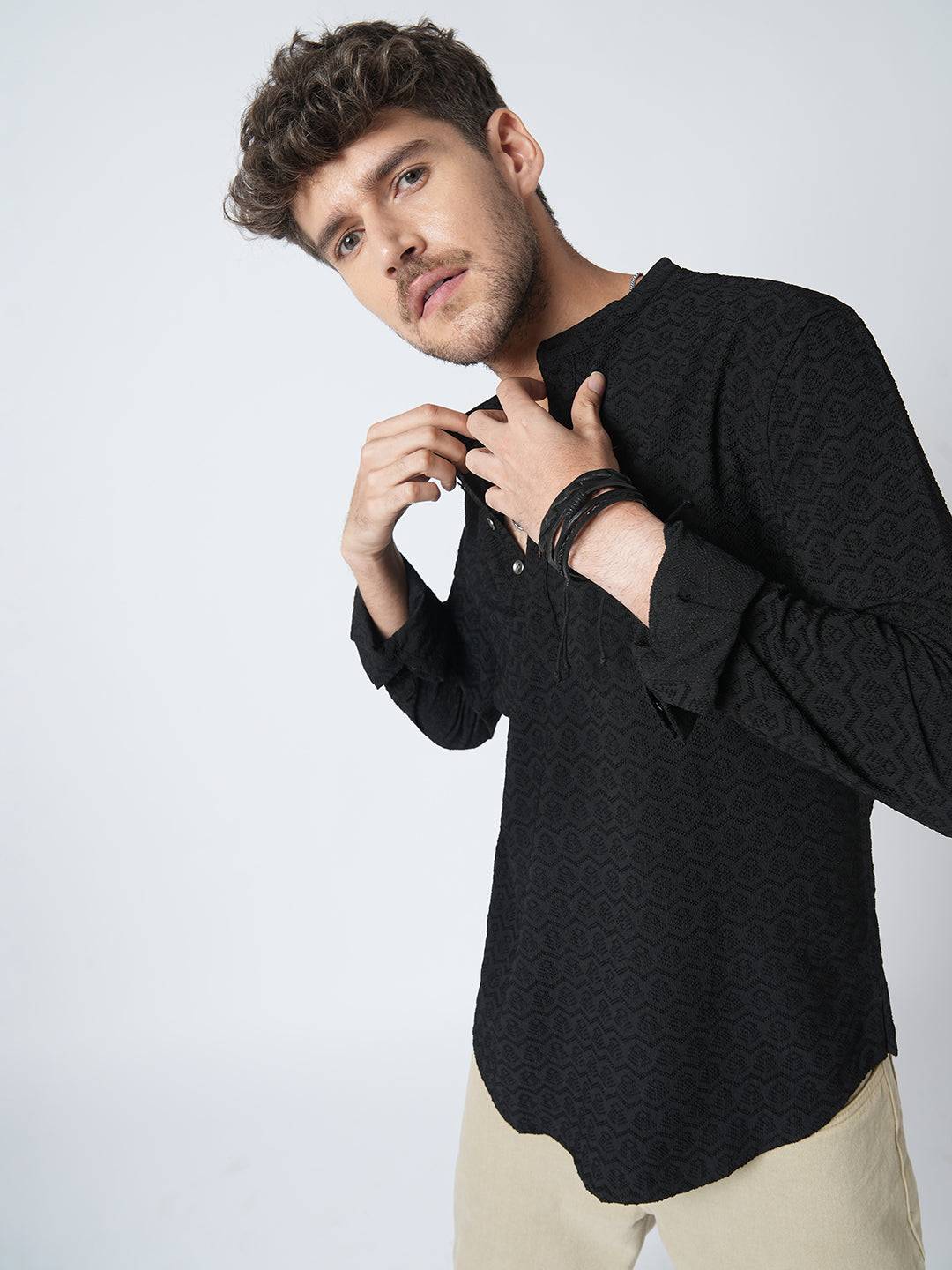 Buy Black Self-Design Textured Kurta Buy only at ₹699 in Men's Clothing ...