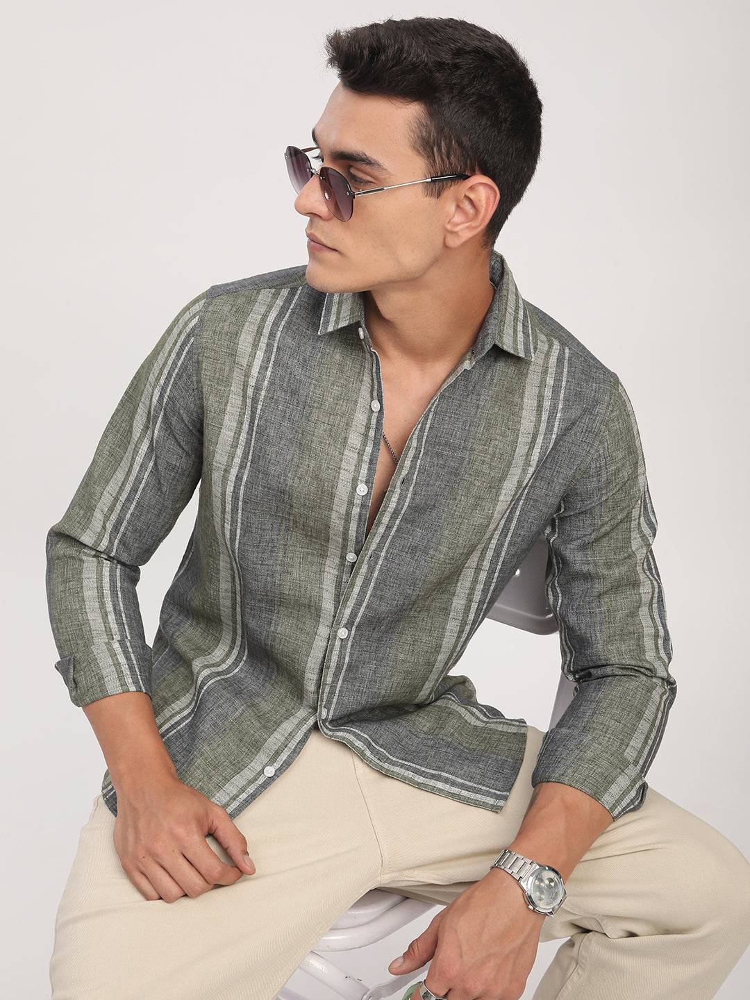 Buy Olive Green & Grey Slub Striped Shirt Buy only at ₹759 in Men's ...