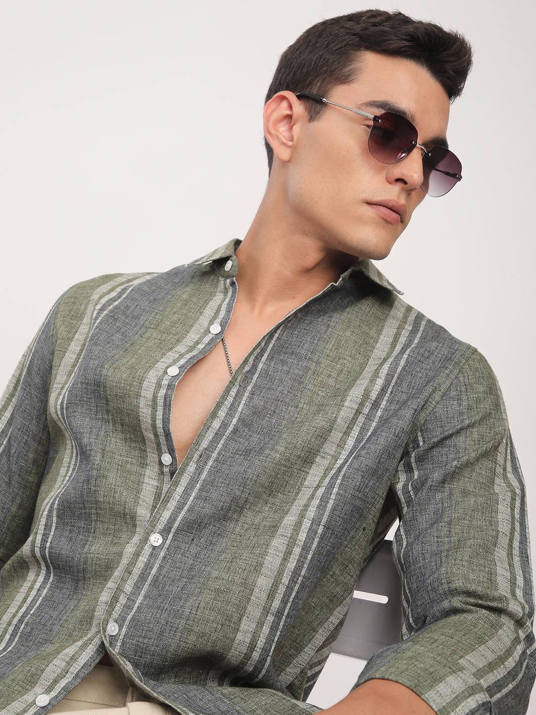 Buy Olive Green & Grey Slub Striped Shirt Buy only at ₹759 in Men's ...