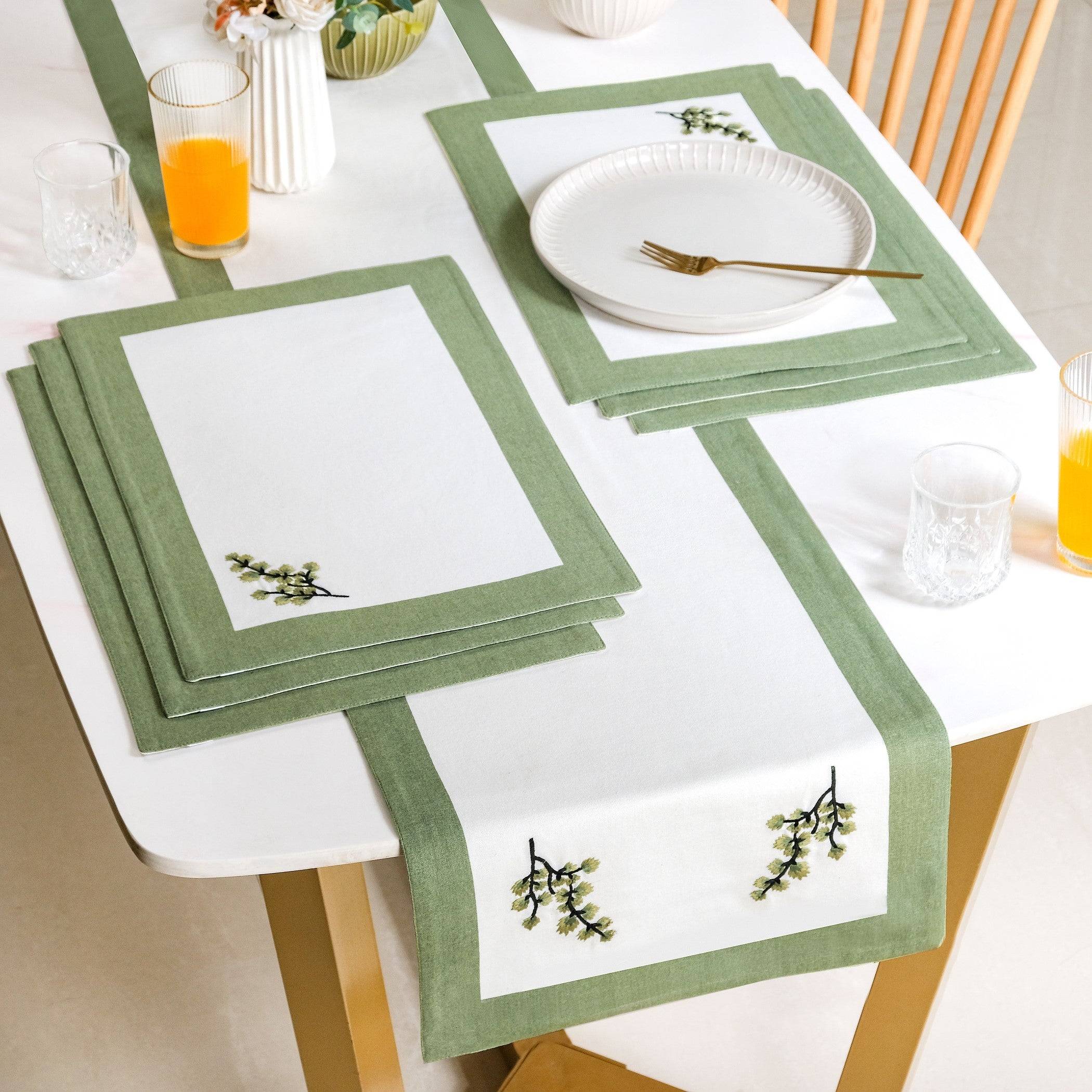 Buy Midori Pure Cotton Table Runner And Placemat Set Of 7 Sage Green in ...