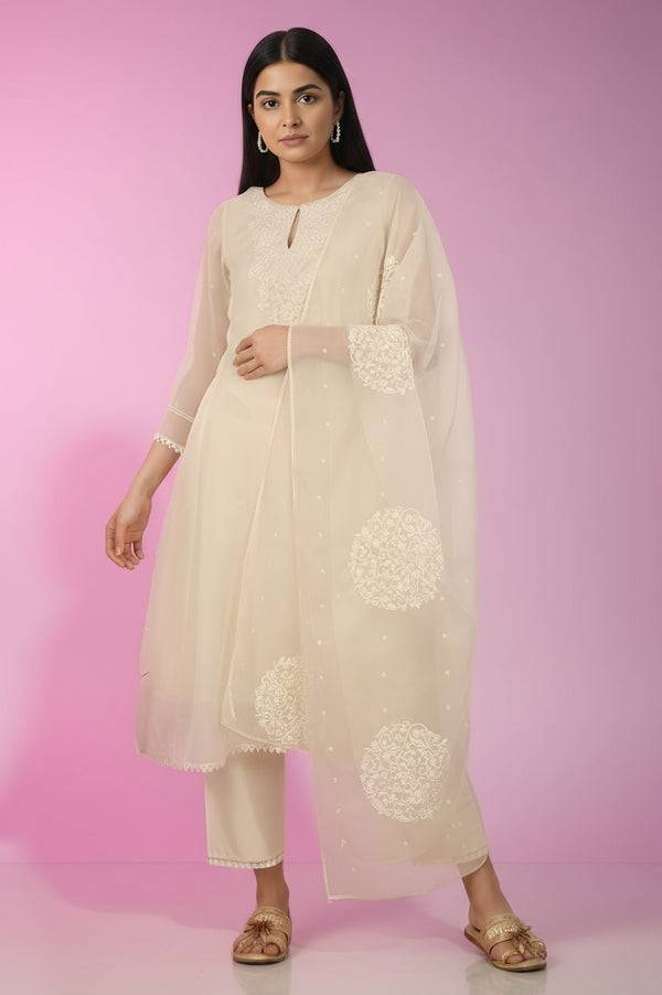 Buy White Embroidered Organza Flared Kurta, Pants and Dupatta Set in ...