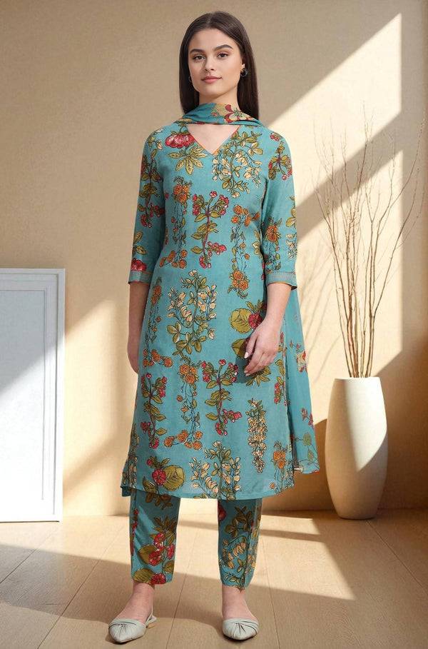 Buy Reef Blue Floral Printed Modal Straight Kurta, Pants and Dupatta ...