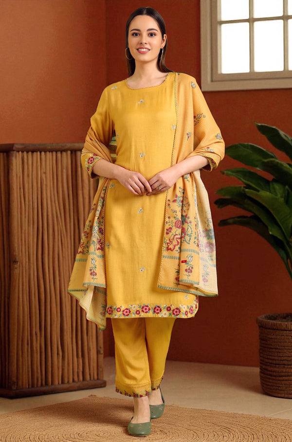 Buy Solid A-line Rayon Kurta & Straight Pant with Dupatta Set in Women ...