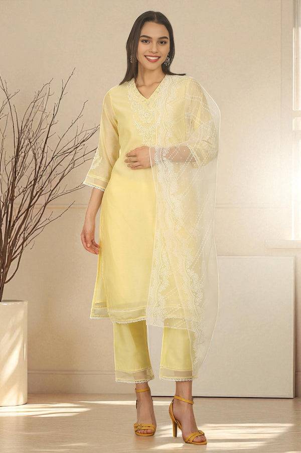 Buy Lemon Yellow Embroidered Chanderi A-line Kurta, Pants and Dupatta ...