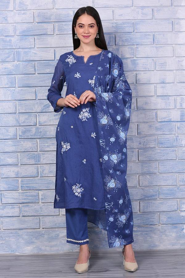 Buy Blue Embroidered Kota Straight Kurta, Pants and Dupatta Set in ...