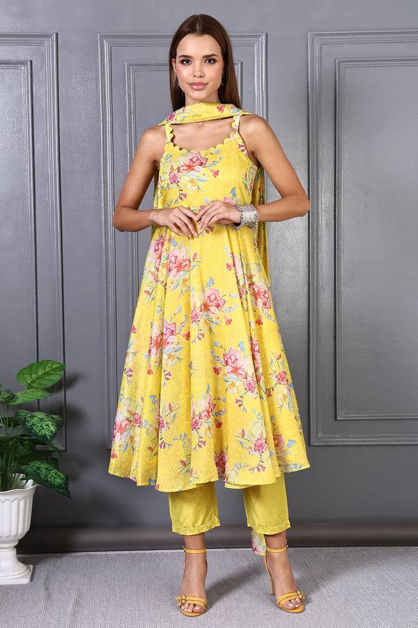 Buy Yellow Floral Printed Beads Chanderi Flared Spaghetti Kurta, Pants ...