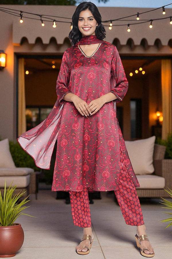 Buy Chocolate Brown Printed Japanese Satin A-Line Kurta, Straight Pant ...