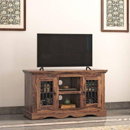 Buy Bunai Solid Wood Free Standing TV Unit In Teak Finish in Home ...