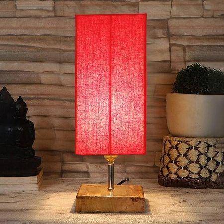 Buy Esme Red cotton table lamp with Square Natural Wood Base in Home ...